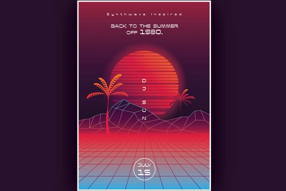 Synthwave poster template with red sunset | Polar Vectors