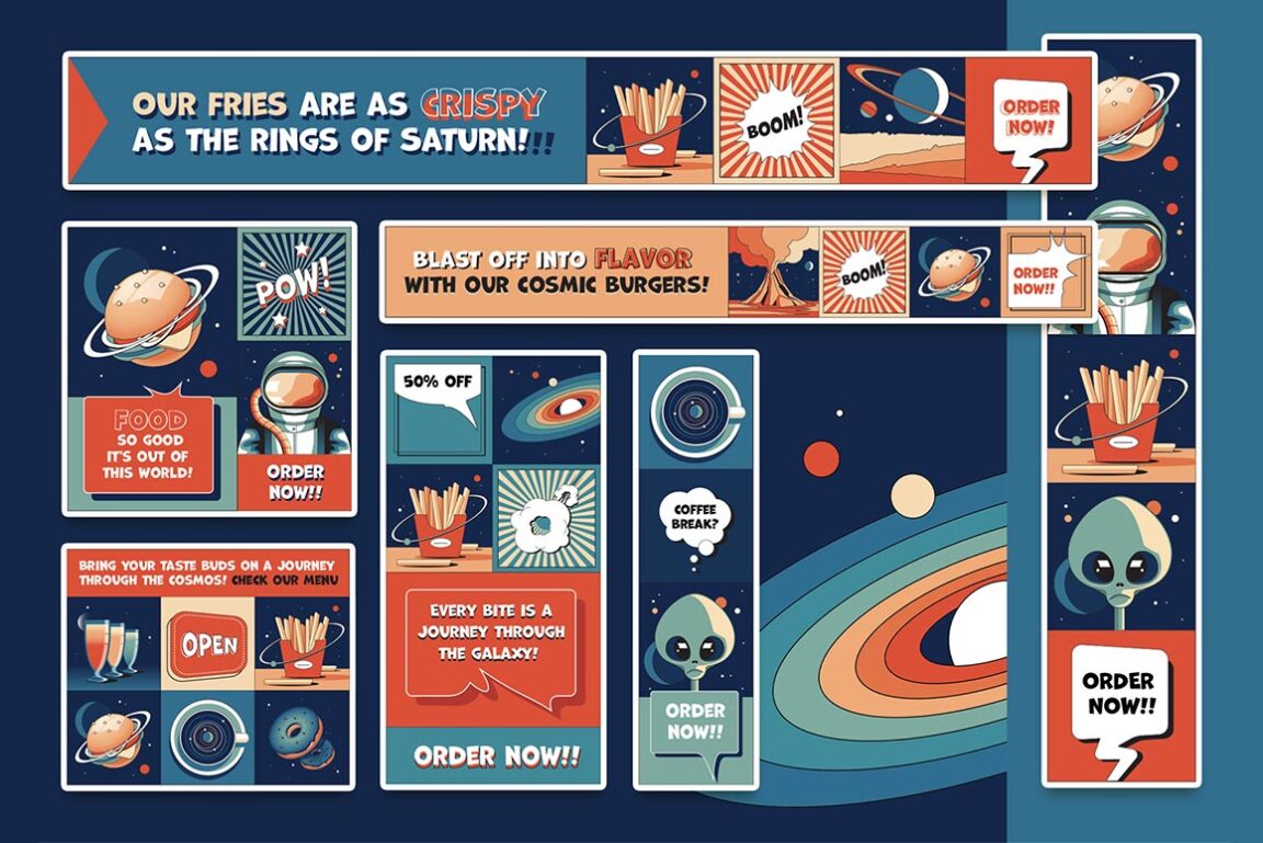 Retro Fast Food Web Banner Ads Set | Polar Vectors
