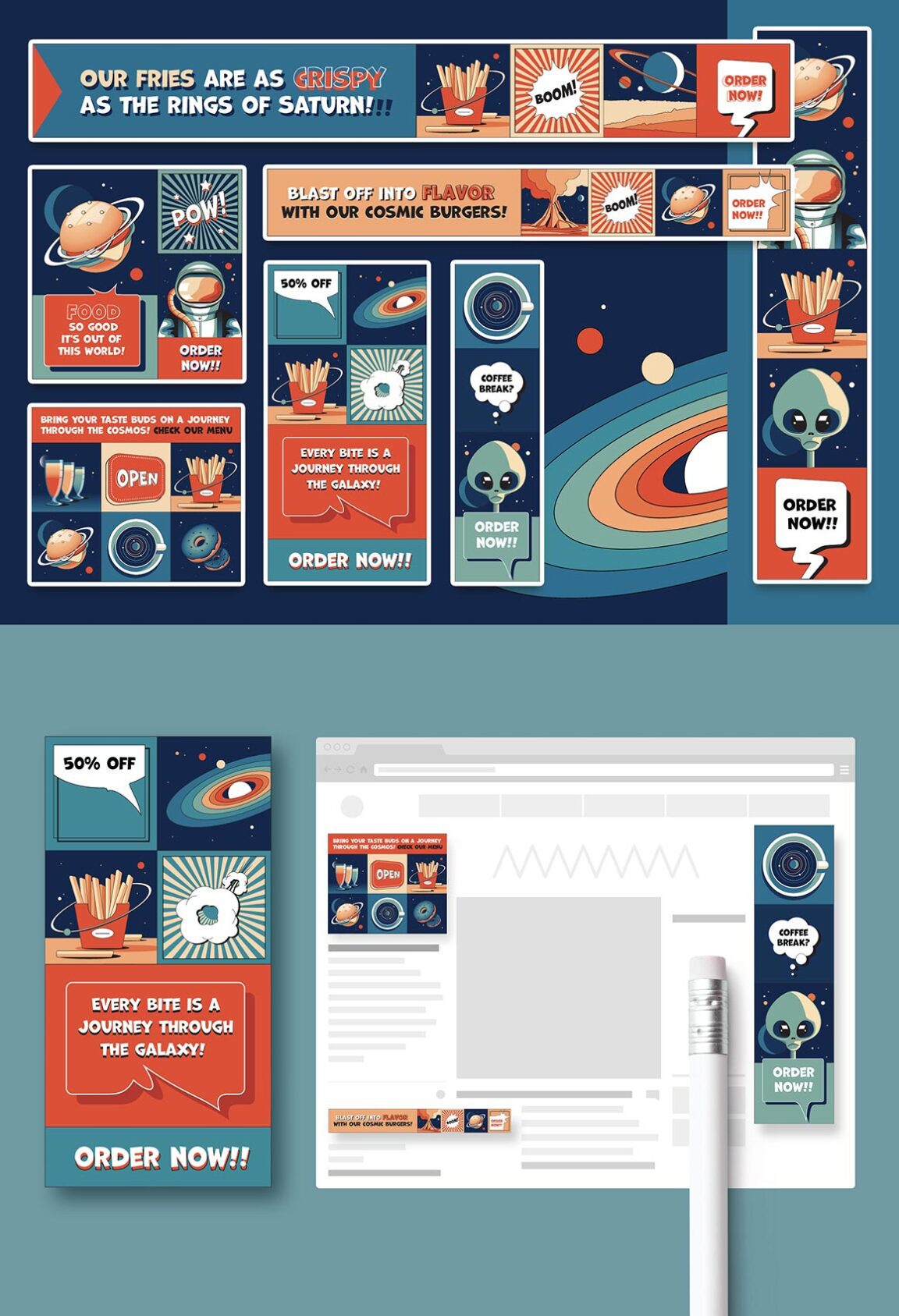 Retro Fast Food Web Banner Ads Set | Polar Vectors
